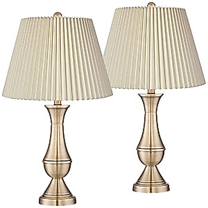 Regency Hill Becky Traditional Candlestick Table Lamps Set of 2 24 3/4" High Antique Brass Gold Metal Ivory Linen Pleat Shade for Bedroom Living Room Bedside Nightstand House Home Office