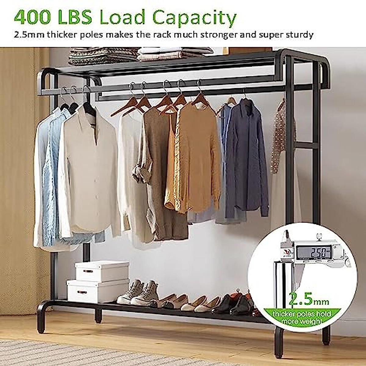 HM&DX Clothes Rack with Wheels,Double Rods Clothing Rack for Hanging Clothes,Heavy Duty Clothes Garment Racks,Industrial Pipe Clothes Rack,Metal Rolling Clothing Racks Organizer for Clothes Shoes