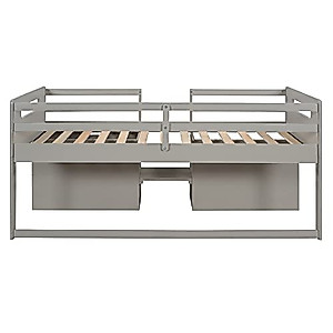 CITYLIGHT Twin Low Loft Bed with Storage, Kids Loft Bed with Two Shelves and Two Drawers,Wooden Loft Bed Twin for Girls Boys Bedroom,Antique Grey