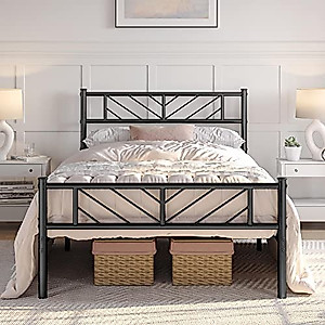 Yaheetech Twin Size Platform Bed Frame with Arrow Design Headboard, 13 Inches Metal Mattress Foundation for Storage, No Box Spring Needed, Easy Assembly, Modern, Black