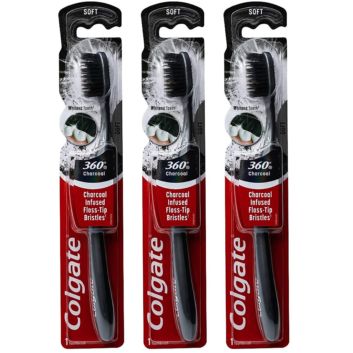Colgate 360 Charcoal Infused Toothbrush, Floss-Tip Bristles, Soft (Colors Vary) - Pack of 3