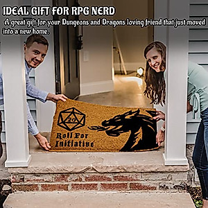 Roll for Initiative Welcome Mat Brown Coir Funny Doormat Printed with Dragon and D20 Roleplaying Tabletop RPG Gaming Non-Slip Backing Door Mat, 30"x18"