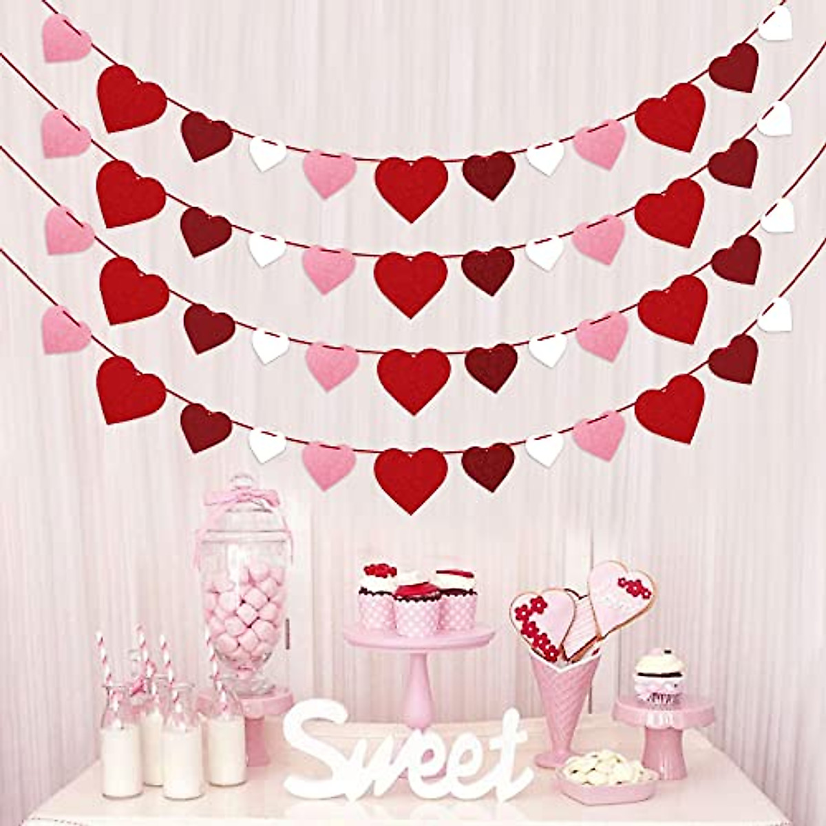 4Pcs Valentines Day Felt Heart Garland Banner- NO DIY- Valentines Decorations- Valentine's Day Party Decorations Supplies- Valentines Burgundy Pink Red White Heart Garlands for Home Fireplace Mantle