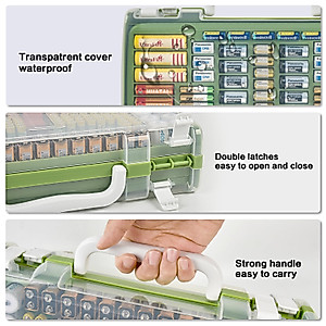Battery Organizer Storage Holder Case with Double-Sided, Garage Box with Tester Checker. Batteries Container for 269pcs AA AAA AAAA 3A 4A 9V C D Lithium 4LR44 CR2 CR123A CR1632 CR2032 18650 -Green