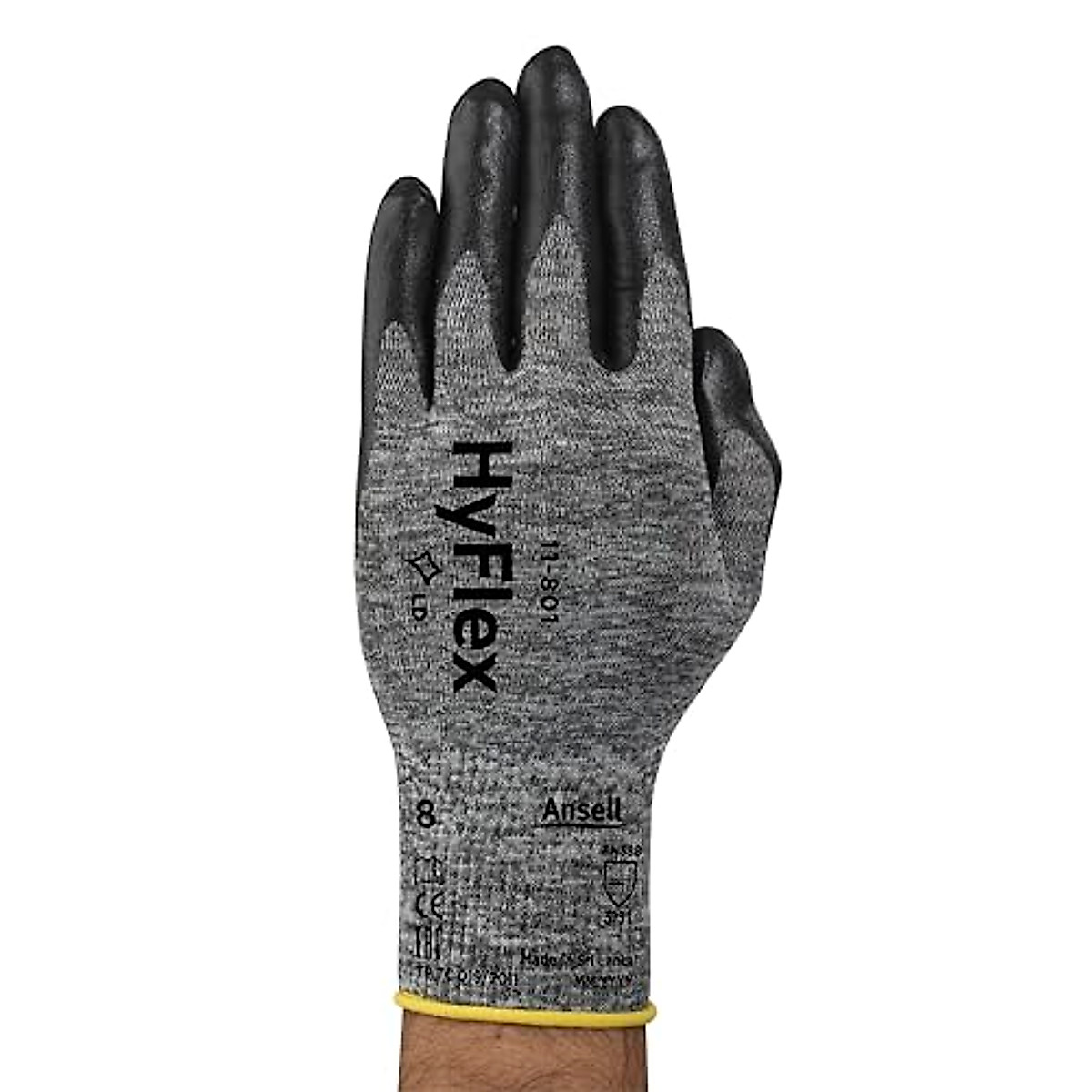 Ansell HyFlex 11-801 Nylon Glove, Black Foam Nitrile Coating, Knit Wrist Cuff, Large, Size 9 (Pack of 12)
