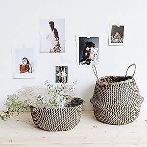 Natural Craft Seagrass Plant Basket for Storage Size (14x14x13 inches) - Style: Black Zigzag, Laundry, Picnic - Plant Pots Cover Indoor Home Decor - Hand Woven Straw Beach Bag with Handles M