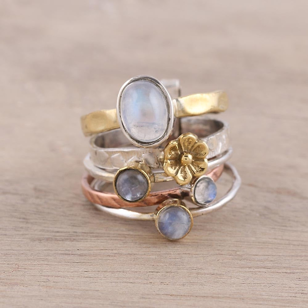 NOVICA Artisan Handmade Rainbow Moonstone Cocktail Ring Mixed Metals Floral from India Copper Sterling Silver Brass Clear Multi Gemstone [ring Front 0.8 in L x 0.8 in W x 0.3 in H Band Width 10 mm W]