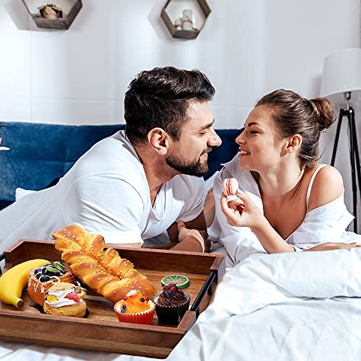 Acacia Wood Serving Tray with Handles Set of 2, Rustic Serving Tray for Ottoman, Wood Nesting Trays, Decorative Serving Trays for Breakfast in Bed,Lunch,Dinner,Coffee Table,BBQ, Party –Great for Lap