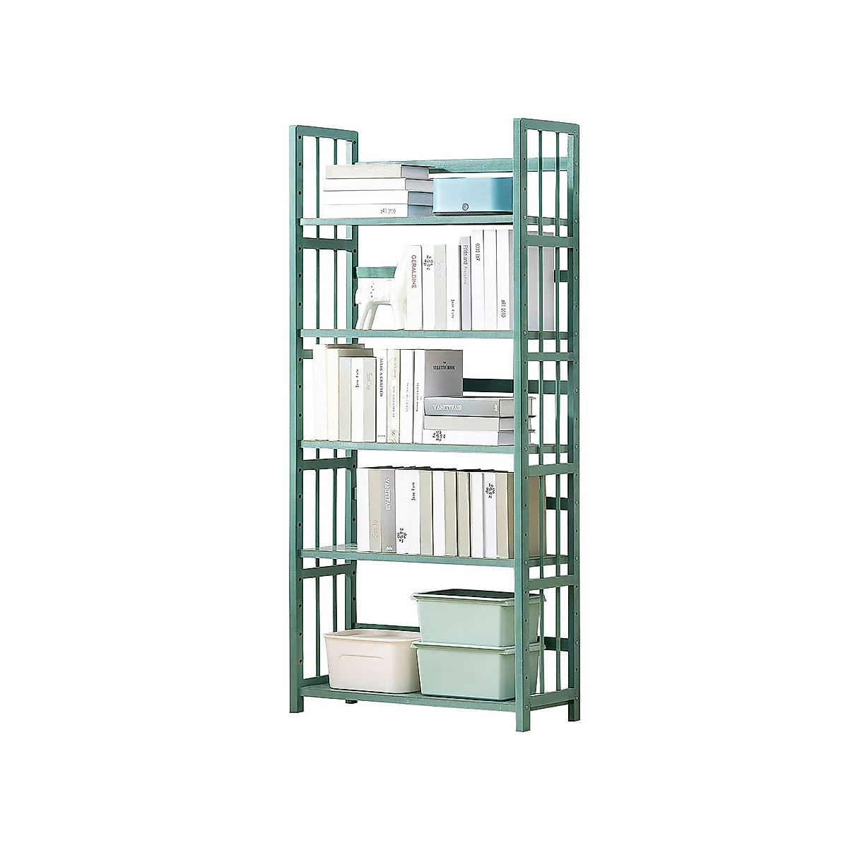 IOTXY Adjustable Bamboo Open Bookshelf - Medium 5-Tier Free Standing Storage Rack, Multifunctional Display Stand for Bookcase, Home and Office, Light Green