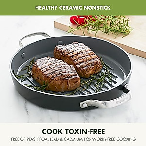GreenPan Valencia Pro Hard Anodized Healthy Ceramic Nonstick 11" Grill Pan, PFAS-Free, Induction, Dishwasher Safe, Oven Safe, Gray