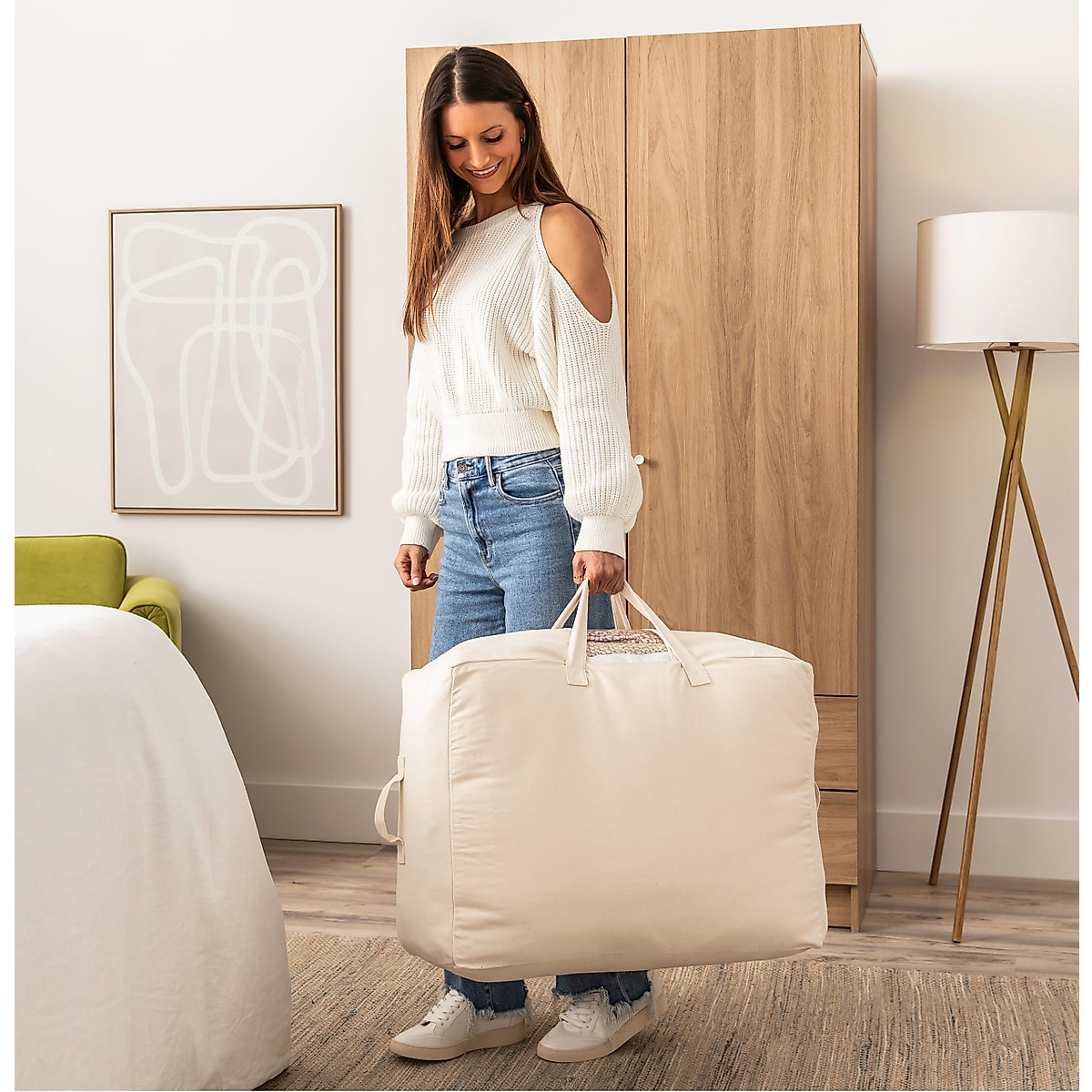 Soft Canvas Storage Bags with Zipper. Thick Breathable, 1pc King/Queen Comforter Organizer. Four Carrying Handles and Window. Large 25x19x9in Bag for Sheets Blankets Bedding Pillows, Clothes