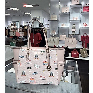 Michael Kors Gilly Large Drawstring Tote Light Powder Blush Pink MK Signature Miami Beach Palm Trees Flamingos 35S3G2GT7V