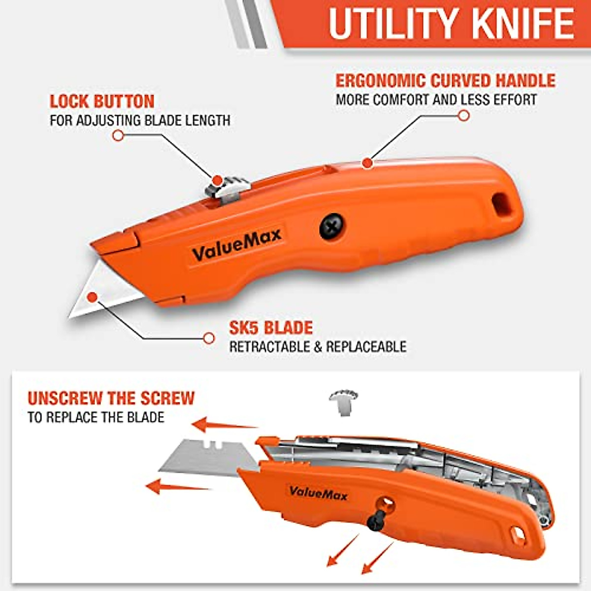 VALUEMAX Utility Knives Set, Box Cutter Retractable, 18mm Snap-off Knife, Razor Blade Scraper, 3-piece Complete Work Knife Set with 28-piece Blades