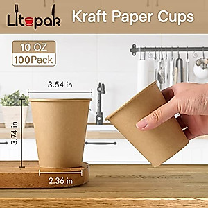 LITOPAK 100 Pack 10oz Kraft Paper Cups, Disposable Coffee Cups, Disposable Drinking Cups, Hot Coffee Cups, Paper Coffee Cups for Water, Coffee, Juice, and Tea.