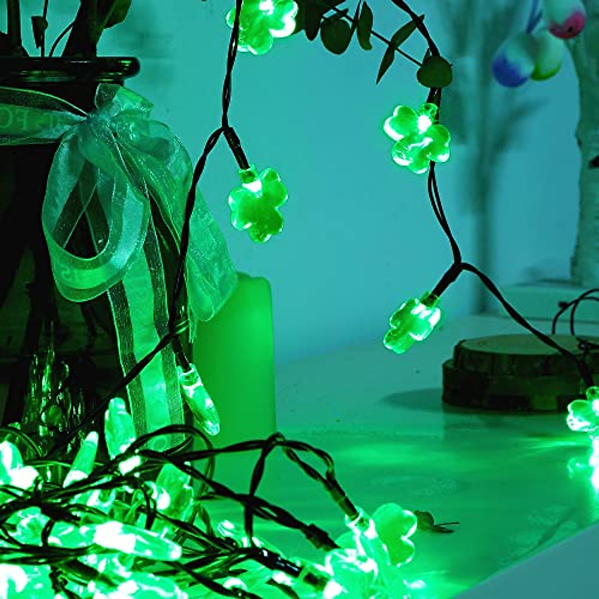 LJLNION St. Patricks Day String Lights Outdoor, 50 LED 16 FT Shamrocks Decorative Green Leaf Lights Battery Operated, 8 Lighting Modes & Timer, Waterproof for Home Garden Party Decoration, 2 Pack