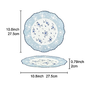 fanquare 10 Inch Porcelain Dinner Plates Set of 4, Lace Dishes Set for Salad, Pasta, Soup, Dessert, Blue Roses