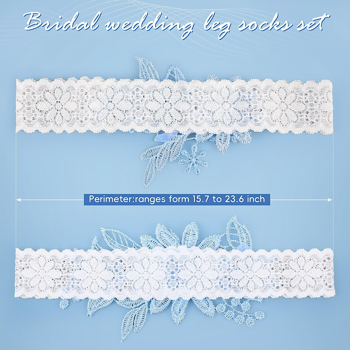 2 Pieces Wedding Garters for Bride Sexy Lace Leg Garter Belt Hand Sewn Faux Pearls Bride Garter Set(Sky Blue)
