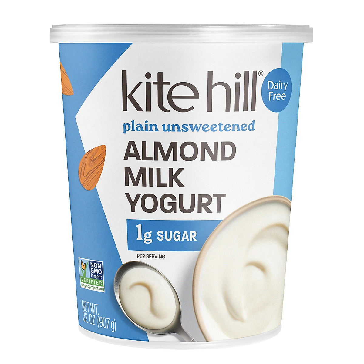 Kite Hill Plain Unsweetened Almond Milk Yogurt, 32 Ounces, Dairy Free, Live and Active Cultures, Gluten Free, Non-GMO, Vegan