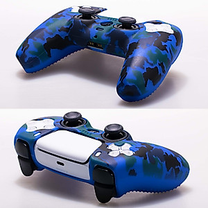 9CDeer 1 Piece of Silicone Transfer Print Protective Cover Skin + 10 Thumb Grips for PlayStation 5 / PS5 Controller Paint Blue