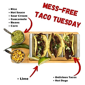 Stainless Steel Taco Stand Holder With Bamboo Tray - Set of 2 - Taco Tuesday With Four Sauce Holders and Four Spoons - Holds Up to 4-6 tacos - Stainless Steel Racks With Handles Oven & Grill Safe