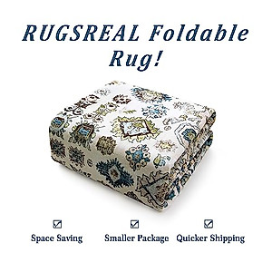 RUGSREAL 9x12 Blue Area Rug, Traditional Washable, Vintage Distressed, Kitchen Floor Cover, Foldable, Indoor Mat