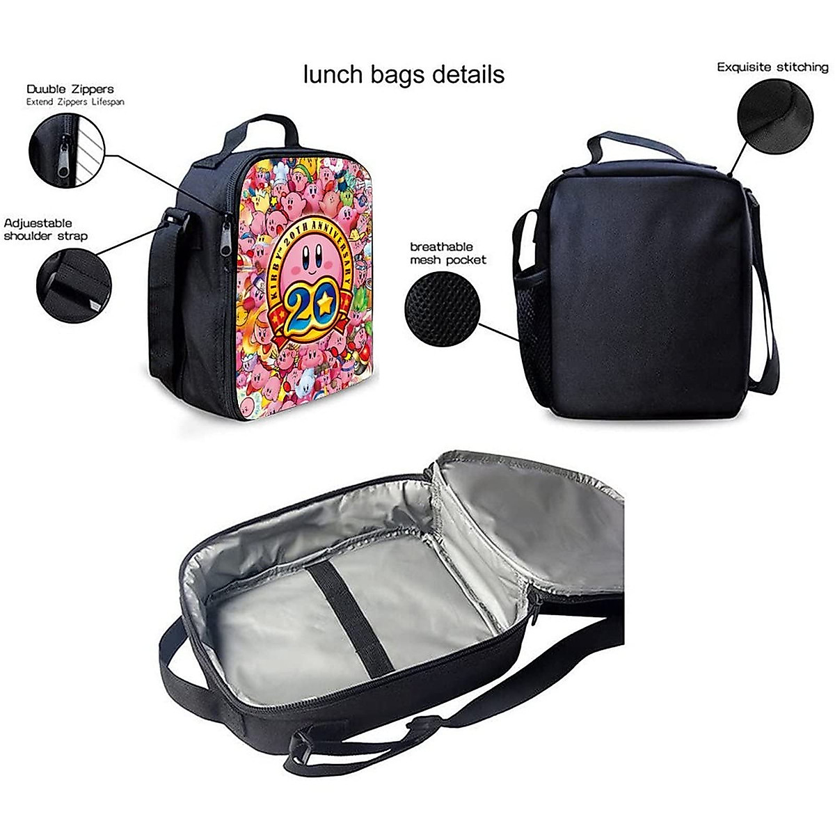 IKBAGVBK 3 Piece Kirby Game Kids Backpack Set,Kerbe Schoolbag and Lunch Bag & Pencil Case Set for Boys Girls school supplies Bookbag