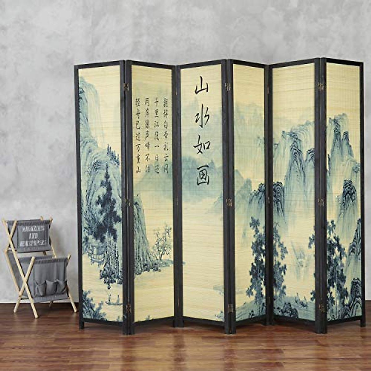 MyGift 6-Panel Bamboo Screen Freestanding Room Divider with Asian Calligraphy Artwork Design