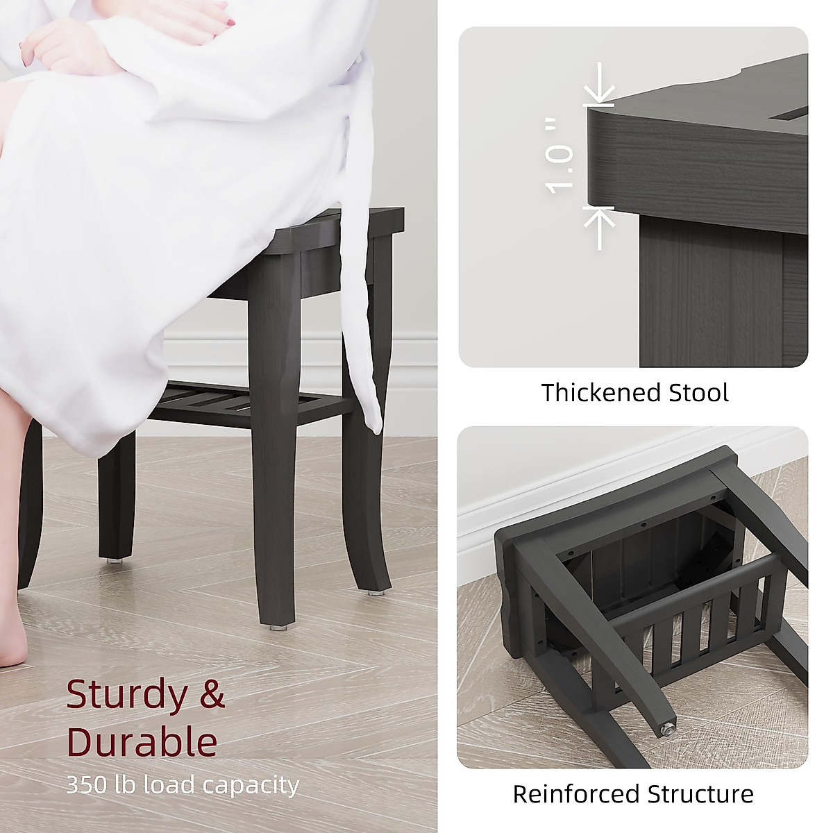 BEKVEM Bamboo Shower Bench, Spa Small Shower Stool for Inside Shower Waterproof, Bathroom Bench Seat with Storage Shelf for Adults Elderly Seniors, Wood Chair for Indoor or Outdoor Use, Black