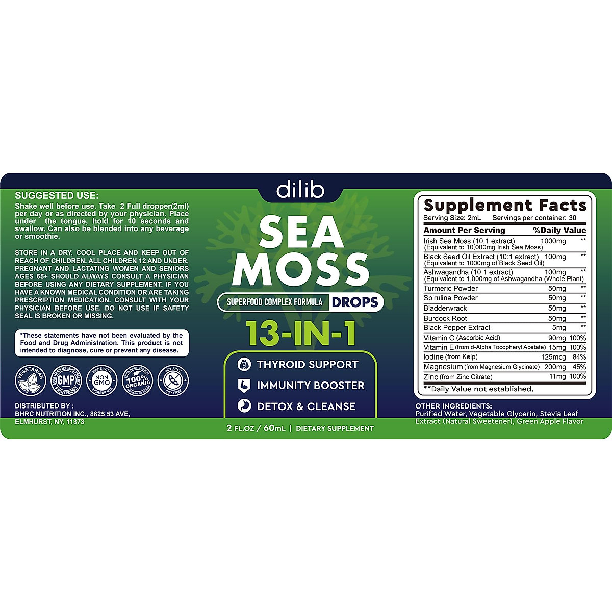 dilib Irish Sea Moss Liquid Drops: 4000mg, Organic Bladderwrack, and Burdock Root, Spirulina, Thyroid Support, Support for Digestion and Skin, Joint Health, Herbal Supplements-2 Fl Oz, Vegan
