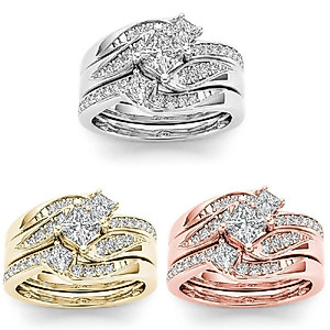 COSJOOHY Anniversary Promise Wedding Band Women's Two Tone Rings Rose Gold Three Stone Round Cut Engagement Ring Sterling Silver Halo Bridal Ring Set (7, rose gold)