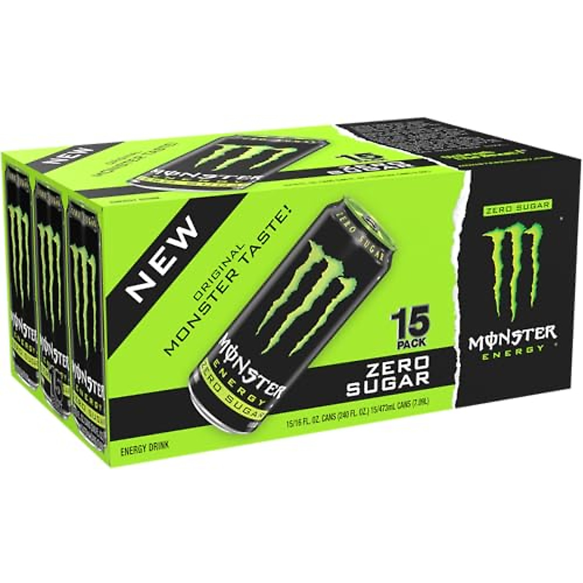 Monster Energy Zero Sugar, Green, Original, Low Calorie Energy Drink, 16 Fl Oz (Pack of 15)