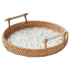 BAUHUS Set 3 Pack Round Rattan Wicker Tray with Mother of Pearl Inlay Wooden Handle for Fruit Serving, Coffee Table Tray, Vanity Tray Organizer for Kitchen, Storage and Display White Set 3