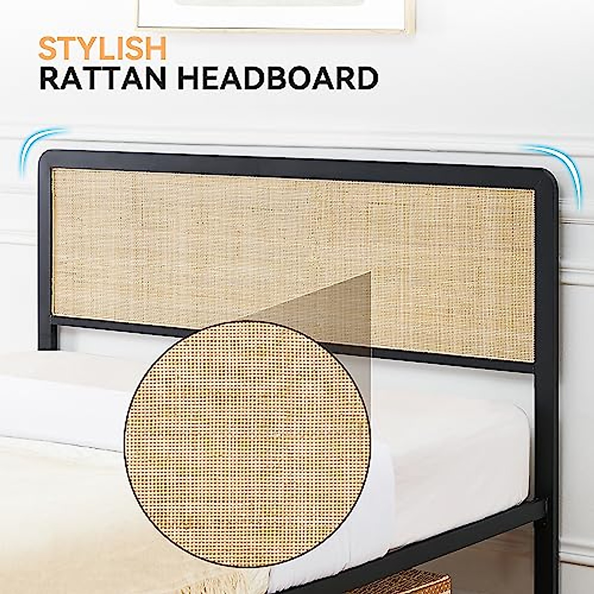 Alkmaar Queen Size Metal Bed Frame with Rattan Headboard and Footboard, Platform Bed Frame with Safe Rounded Corners, Under Bed Storage, Strong Metal Slat Support, No Box Spring Needed