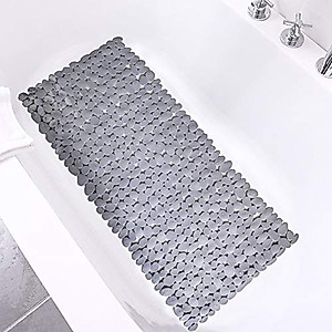 SONGZIMING Pebble Bath Mat 35x16 Inches for Bathtub to Non Slip in Shower with Drain Holes, Suction Cups (Grey)