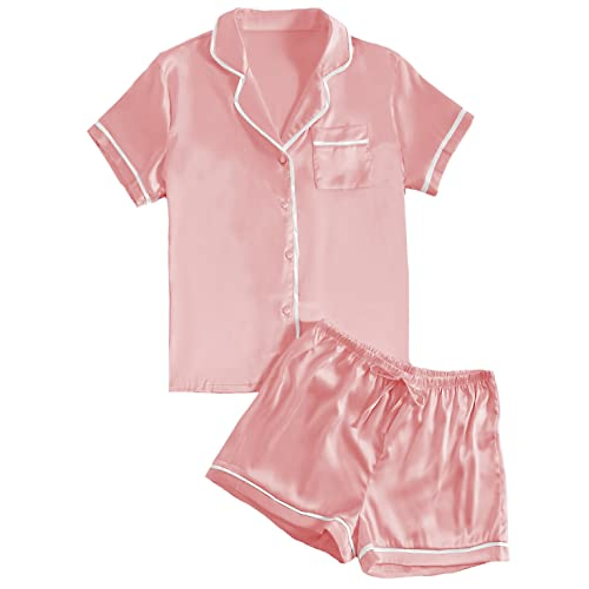 LYANER Women's Satin Silky Short Sleeve Button Shirt Sleepwear 2Piece Pajama Set Coral Pink Small