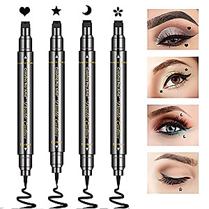 4 Styles/Set Pen Eyeliner Stamp Wing Liner, Waterproof, Double Sided & Long Lasting Eye Pencil , (Heart/Moon/Star /Flowers )Shape Stamp Pen, Super Slim Gel Felt Tip High Black Pigment (4PCS)