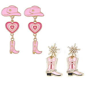 Skyfun 2 Pairs of Cowboy Boot Earrings Western Country Y2K Dangle Earrings Handmade Cute Nashville Cowgirl Pink Earrings for Women Snowflower Jewelry Gift for Women Costume Mother's Day Gifts