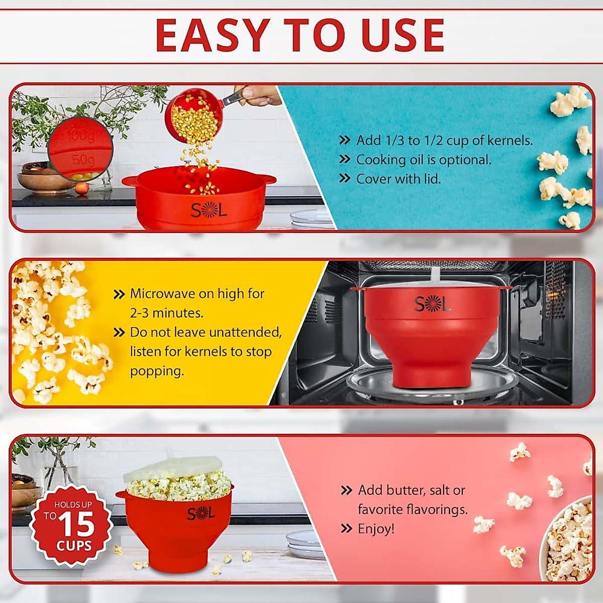 SOL - Heat-Resistant Cooking Utensil Set Microwave Silicone Popcorn Maker with Lid and BPA Free,Heat Resistant Silicone Popcorn Maker Collapsible Bowl 10 X 8 X 6 Inches - Red