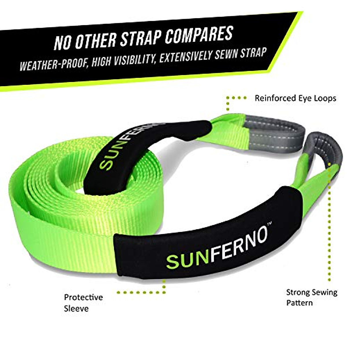 Sunferno Recovery Tow Strap 35000lb - Recover Your Vehicle Stuck in Mud/Snow - Heavy Duty 3" x 20' Winch Snatch Strap - Protective Loops, Water-Resistant - Off Road Truck Accessory - Storage Bag