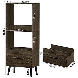 LELELINKY Open Bookshelf, 3 Tier Black Mid Century Modern Book Shelf with Drawers and Legs, Wood Bookcase with Storage Organizer Shelves for Bedroom, Living Room, Office