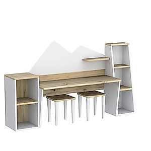 LAWA FURNITURE Kid's Study Desk with Bookshelf + 2 Stools for Ages 3-8, Wooden Children Activity Table with Hutch and Shelves, Kids Bedroom Study Desk with Storage