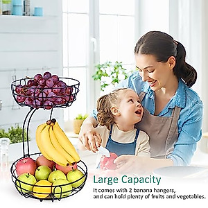Sishynio 2-Tier Fruit Basket Bowl with 2 Banana Hangers for Kitchen Counter, Metal Wire Basket Vegetable Storage Countertop Fruits Stand Organizer, Detachable Fruit Holder for Bread, Snack, Veggies