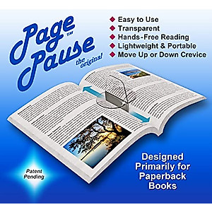 Page Pause - New Product ! - Book Page Holder - for Paperback Books Only (Not Hardbacks) - Hands Free Reading, Taking Notes, Treadmill, Computer - Insert in Books Crevice & Pages Stay Open - Bookmark