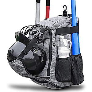 ZOEA Baseball Bat Bag Backpack, T-Ball & Softball Equipment & Gear for Youth and Adults | Large Capacity Holds 4 Bats, Helmet, Glove, Shoes | Shoe Compartment & Fence Hook & Helmet Holder Gray
