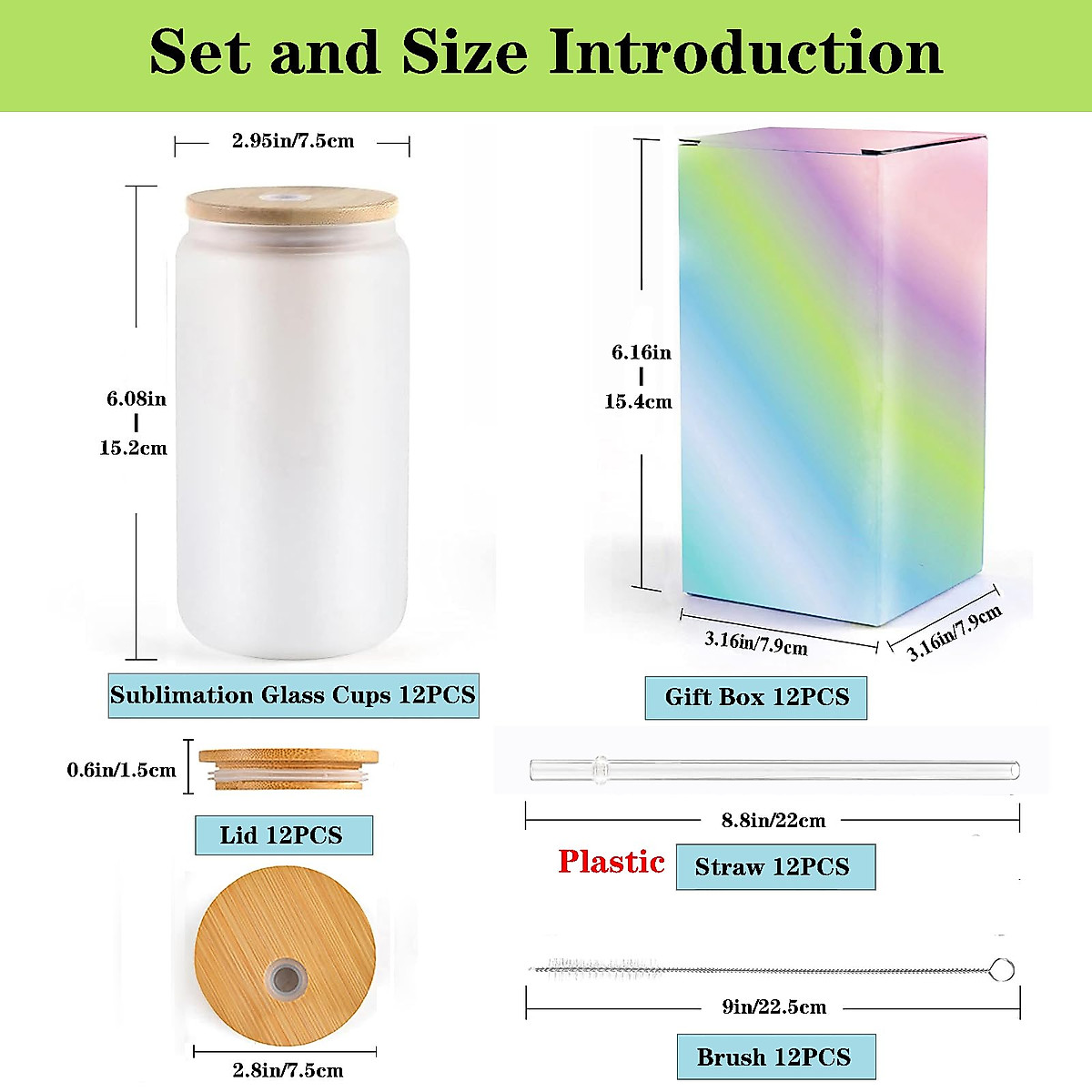 ABBSH Sublimation Glass Cups With Bamboo Lids And Straws, Frosted Sublimation Glass With Bamboo Lid 16OZ，Sublimation Beer Can Glass, Sublimation Frosted Glass Tumbler Blanks 12Pack
