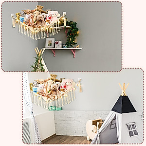 Stuffed Animal Net Hammock Macrame Boho Toy Hammock with LED String Light Stuffed Animal Hanging Storage Organizer Wall Corner Toy Net Holder Display with Tassel (Beige,43.3 x 34.6 x 34.6 Inch)