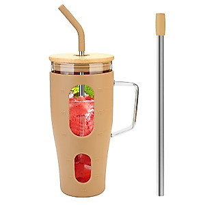Zukro 40 oz Glass Tumbler with Handle and Wide Straw, Drinking Cup With Bamboo Lid For Water, Iced Coffee, Time Marker to Dink, Large Smoothie Cup with Silicone Sleeve, BPA Free, Fit Cupholder, Khaki