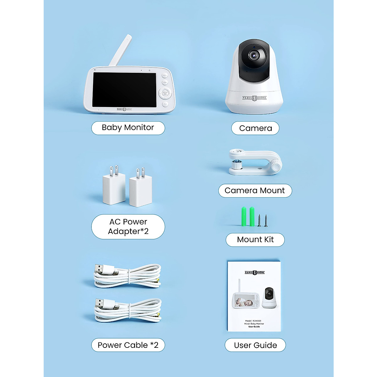 PARIS RHÔNE Video Baby Monitor, 5" 720P HD Baby Monitor with Camera and Audio, No WiFi, 2 Way Audio, VOX Mode, Infrared Night Vision, Feeding Reminder, Wide-Angle View Temperature Sensor Lullabies