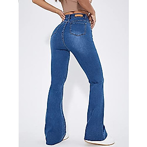 Floerns Women's High Waisted Flare Jeans Raw Hem Stretch Slim Fit Denim Pants Blue M