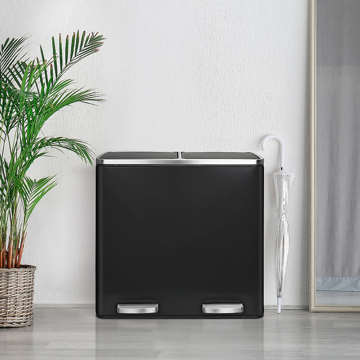 Arlopu 12 GallonStainless Steel Trash Can, 48L Dual Compartment, Metal Kitchen Step Recycle Bin, Metal Double Dustbin, in-Home Garbage Rubbish Can W/Removable Liner Buckets (Black)